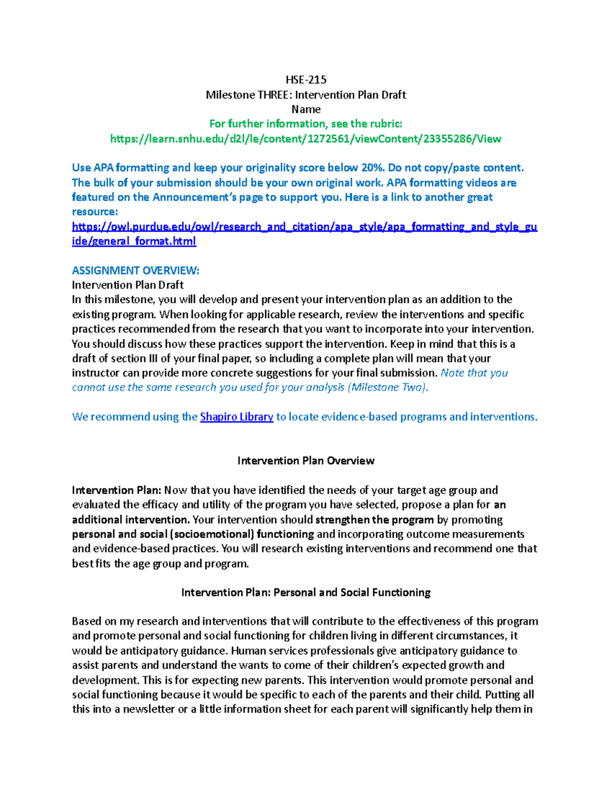 HSE 215 Milestone Three - HSE- Milestone THREE: Intervention Plan Draft ...