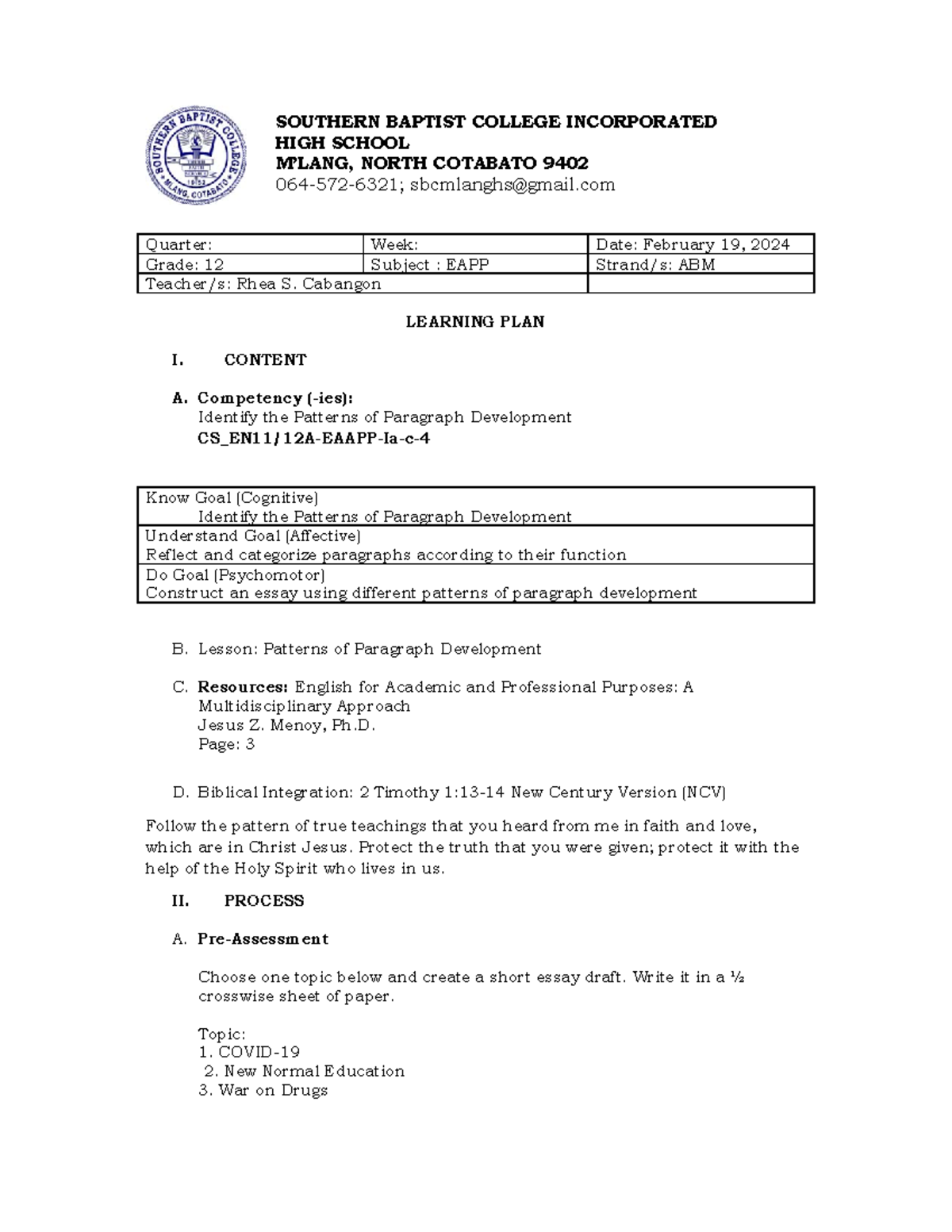 POPD-LP - Copy - ppt - LEARNING PLAN I. CONTENT A. Competency (-ies ...