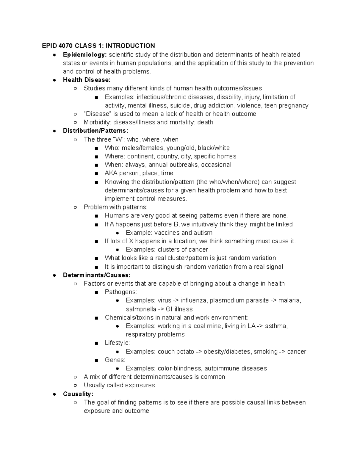 EPID Test 1 Study Guide - EPID 4070 CLASS 1: INTRODUCTION Epidemiology ...