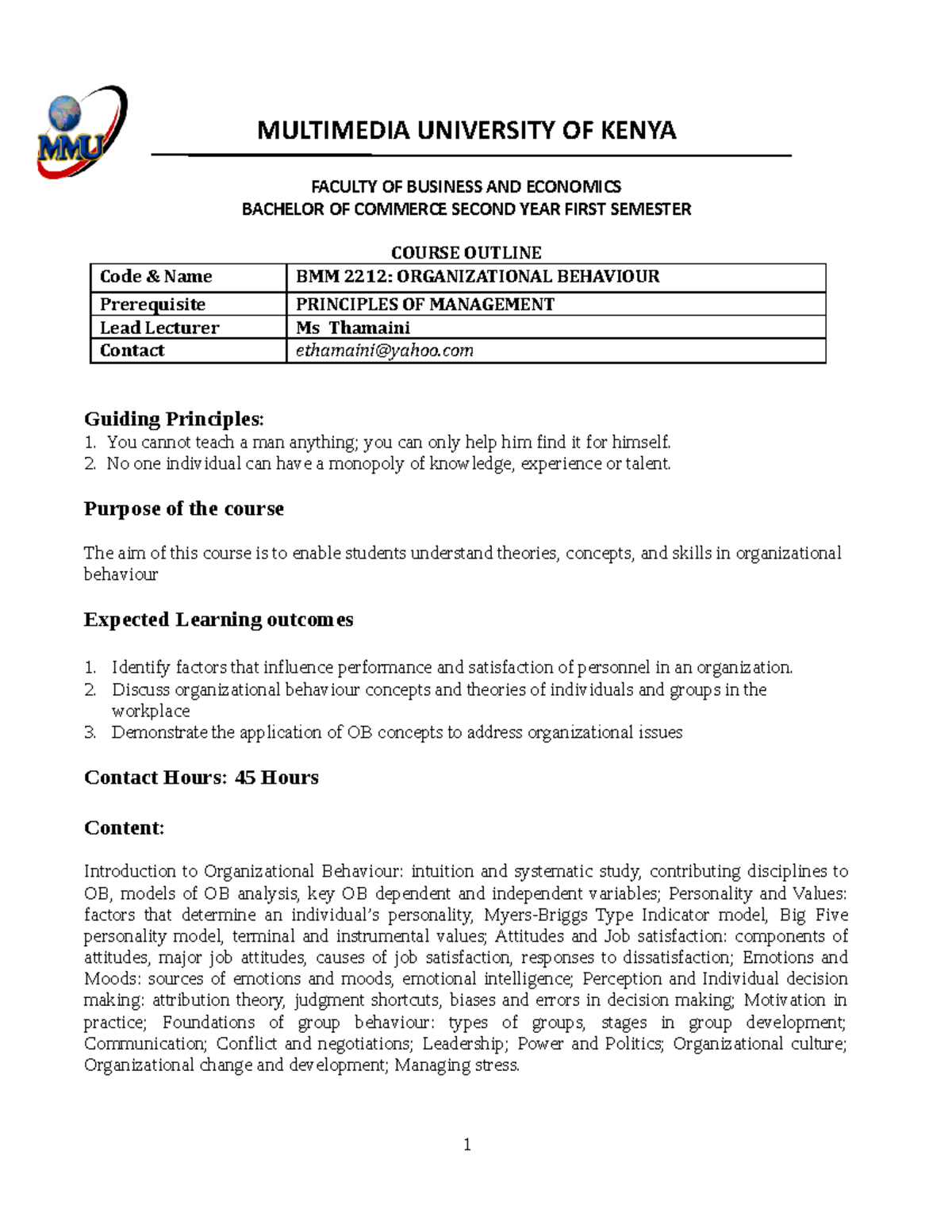 ORG-Behaviour -Course Outline - MULTIMEDIA UNIVERSITY OF KENYA FACULTY ...