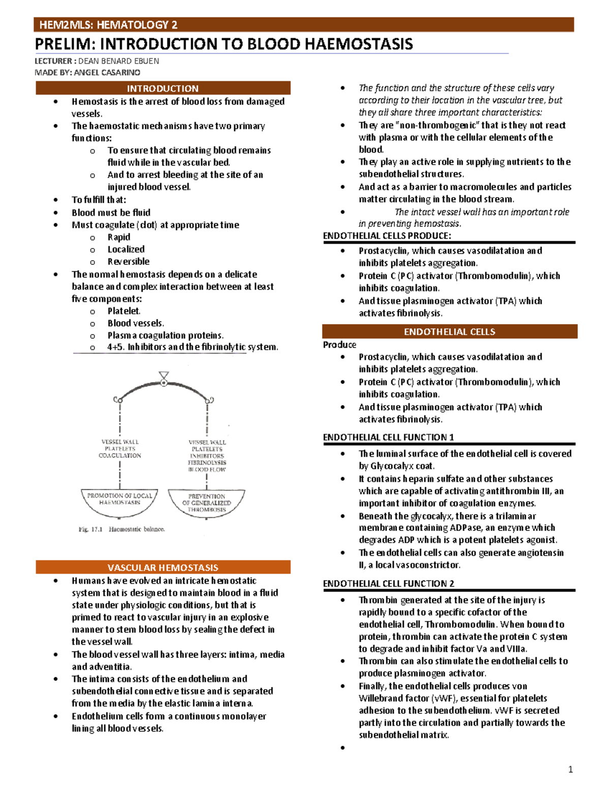 HEMA2- Prelim - INTRODUCTION Hemostasis is the arrest of blood loss ...