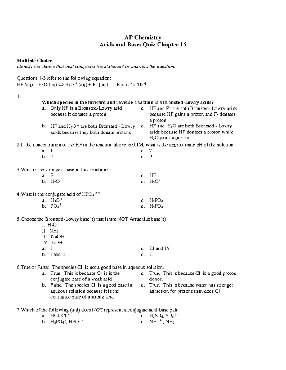 Ch 16 acid and bases quiz - AP Chemistry Acids and Bases Quiz Chapter ...