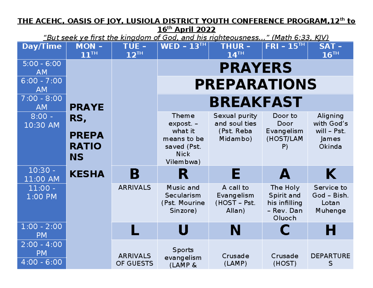 Acehc Youth Conference Prgram- leaders - THE ACEHC, OASIS OF JOY ...