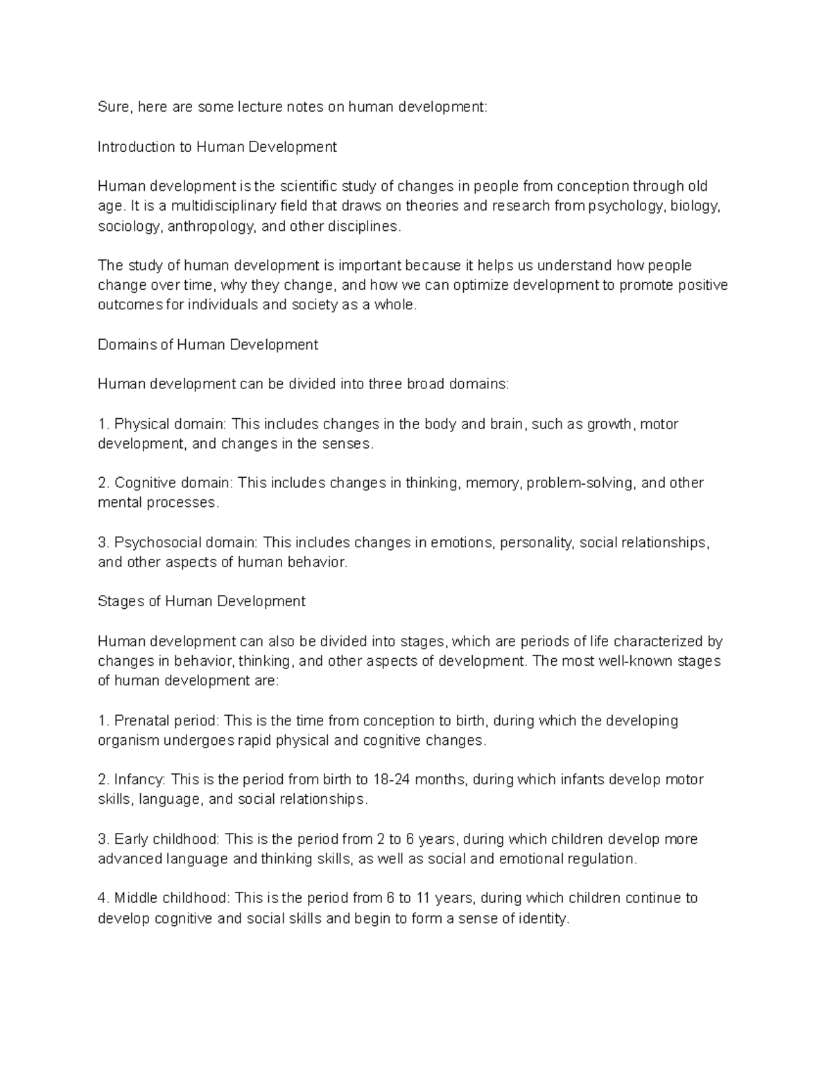 Human Development Lecture Notes - Sure, here are some lecture notes on ...