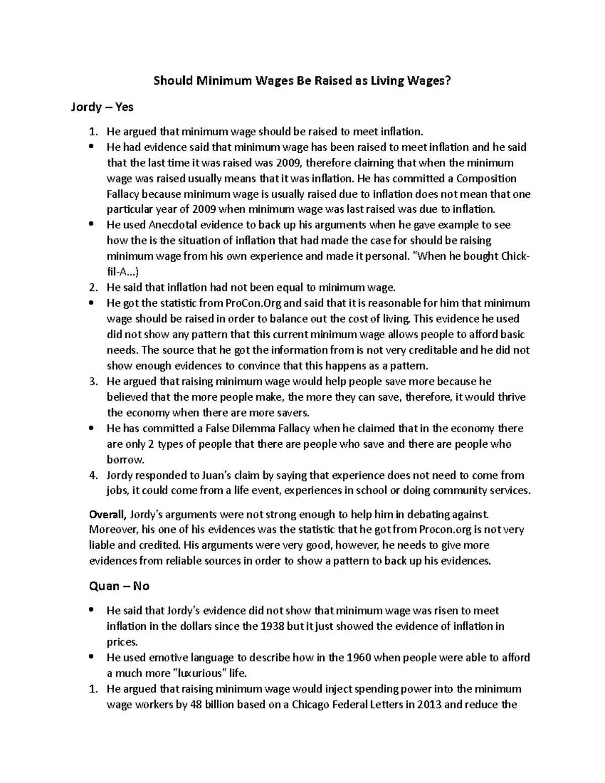 Debate Analysis 1 - Should Minimum Wages Be Raised as Living Wages ...