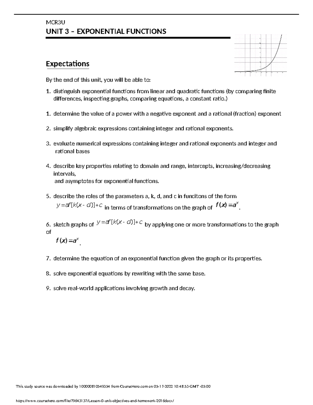 Lesson 0 unit objectives and homework 2016 - MCR3U UNIT 3 – EXPONENTIAL ...
