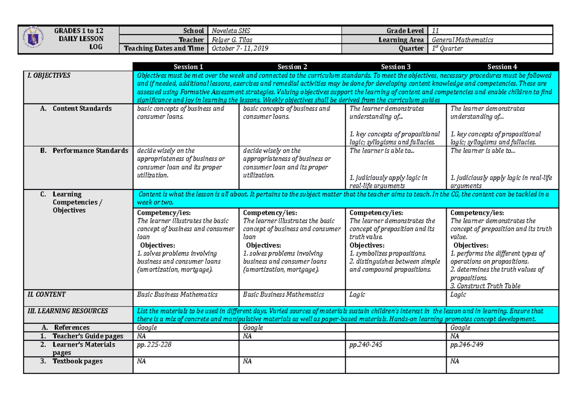 Logic DLL 2nd - GenMath COT - GRADES 1 to 12 DAILY LESSON LOG School ...