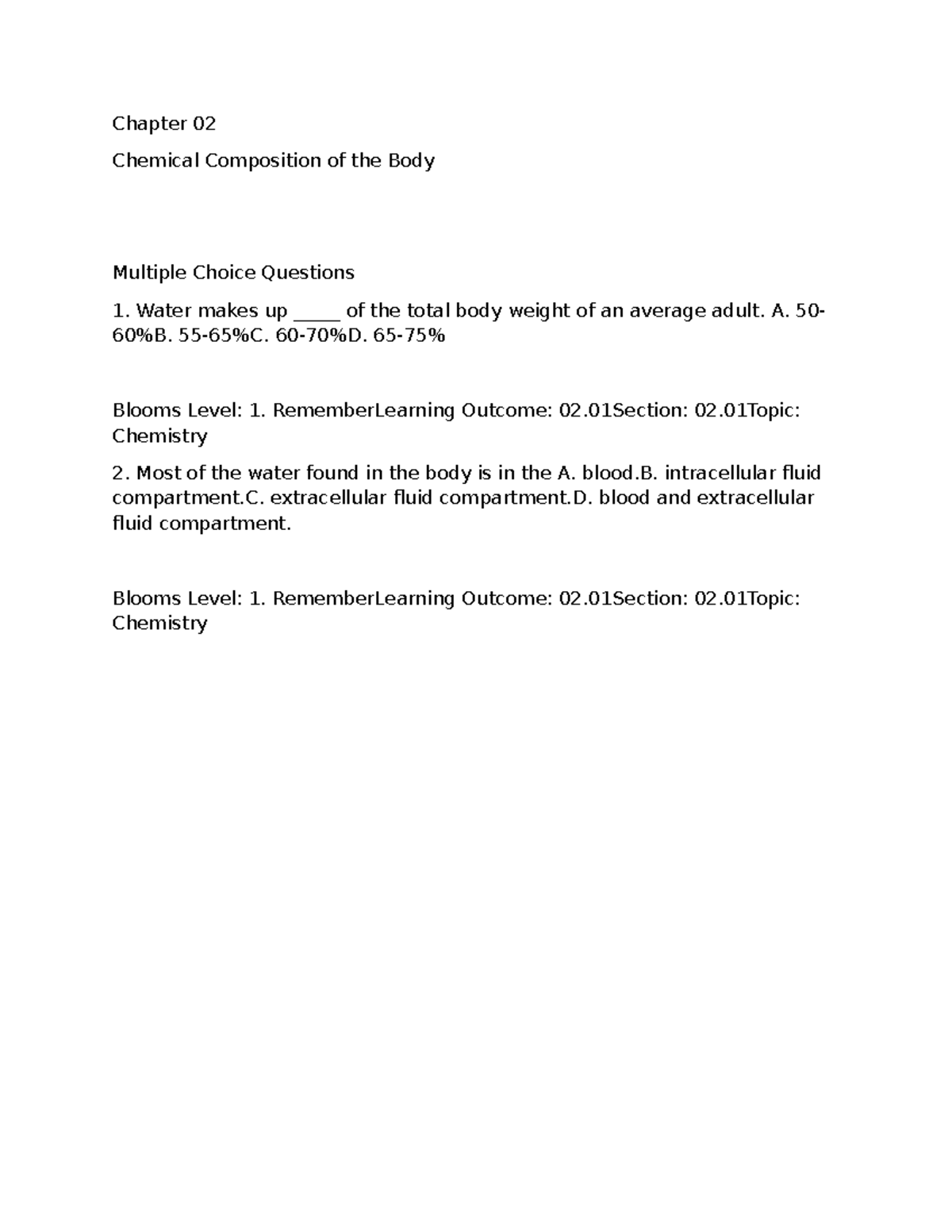 Chapter 1 Guide - Chapter 02 Chemical Composition of the Body Multiple ...