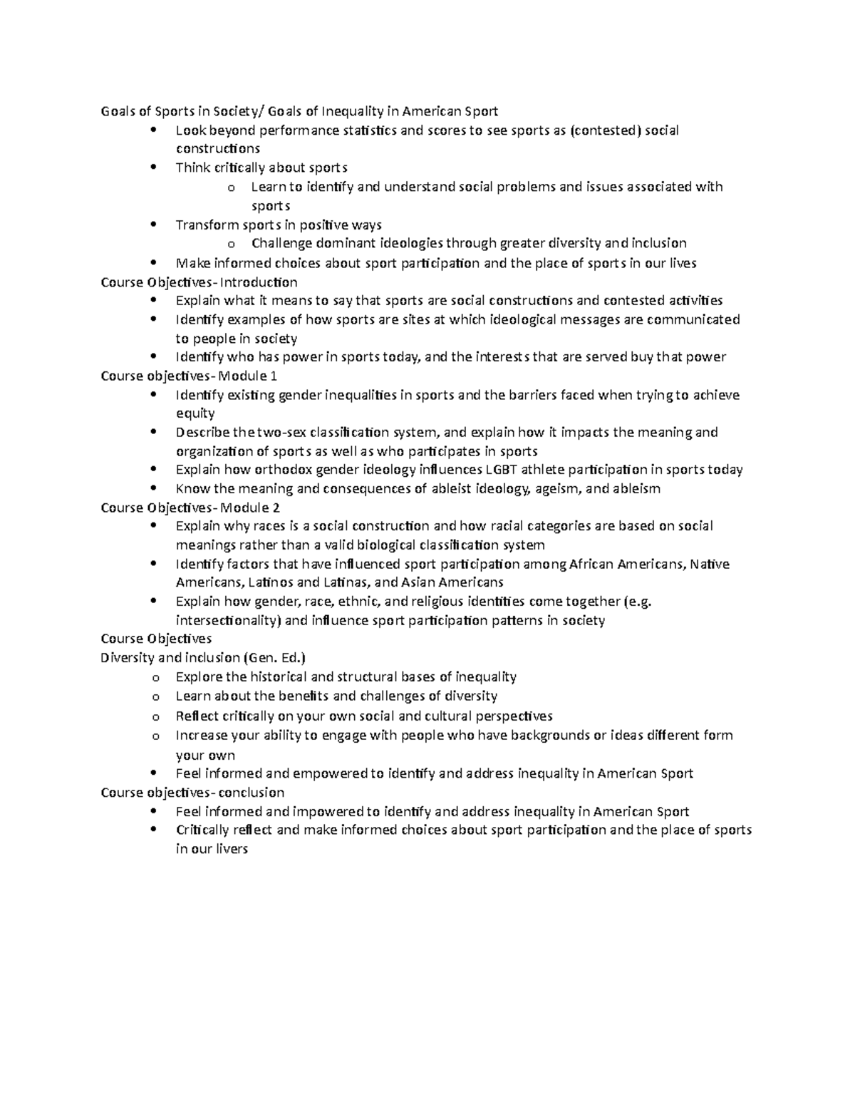 Course Conclusion- Course Reflection and Feedback - Goals of Sports in ...