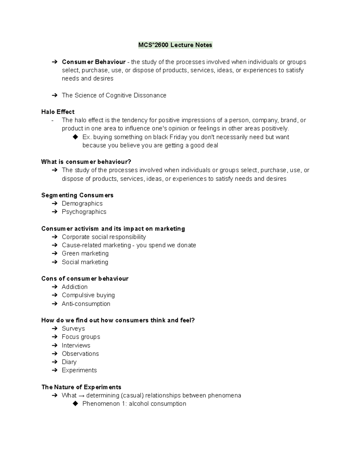 MCS 2600 Lecture Notes - MCS*2600 Lecture Notes Consumer Behaviour ...
