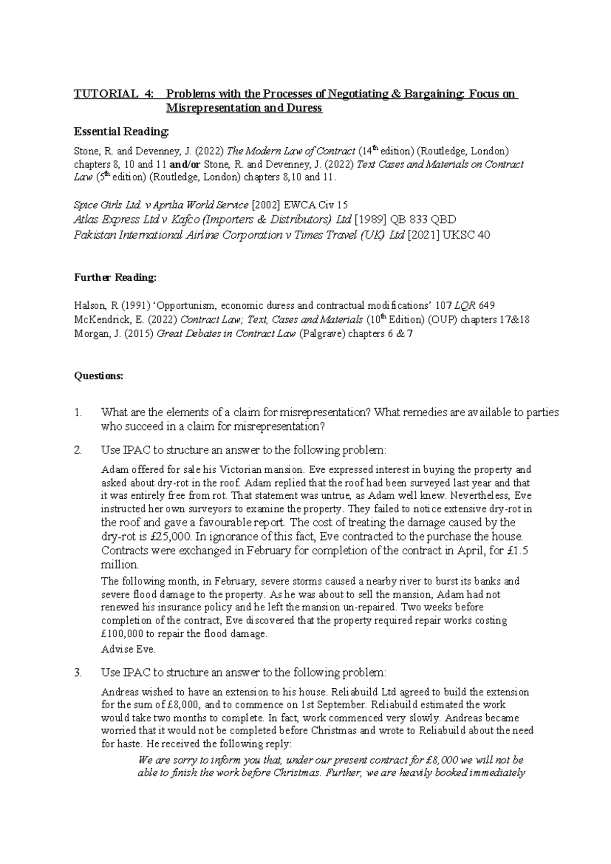 Tutorial 4 contact law - Classwork - TUTORIAL 4: Problems with the ...