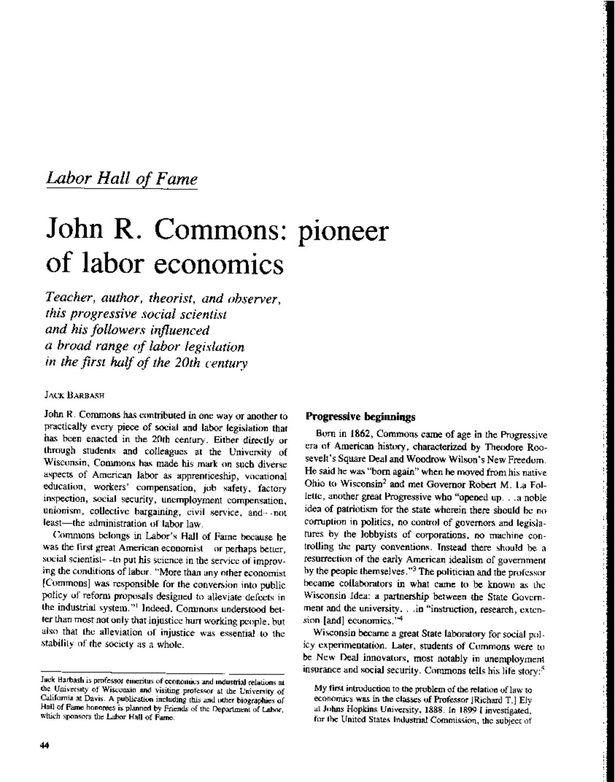 John R Commons pioneer of labor economicsart 4full - Accountancy - Studocu