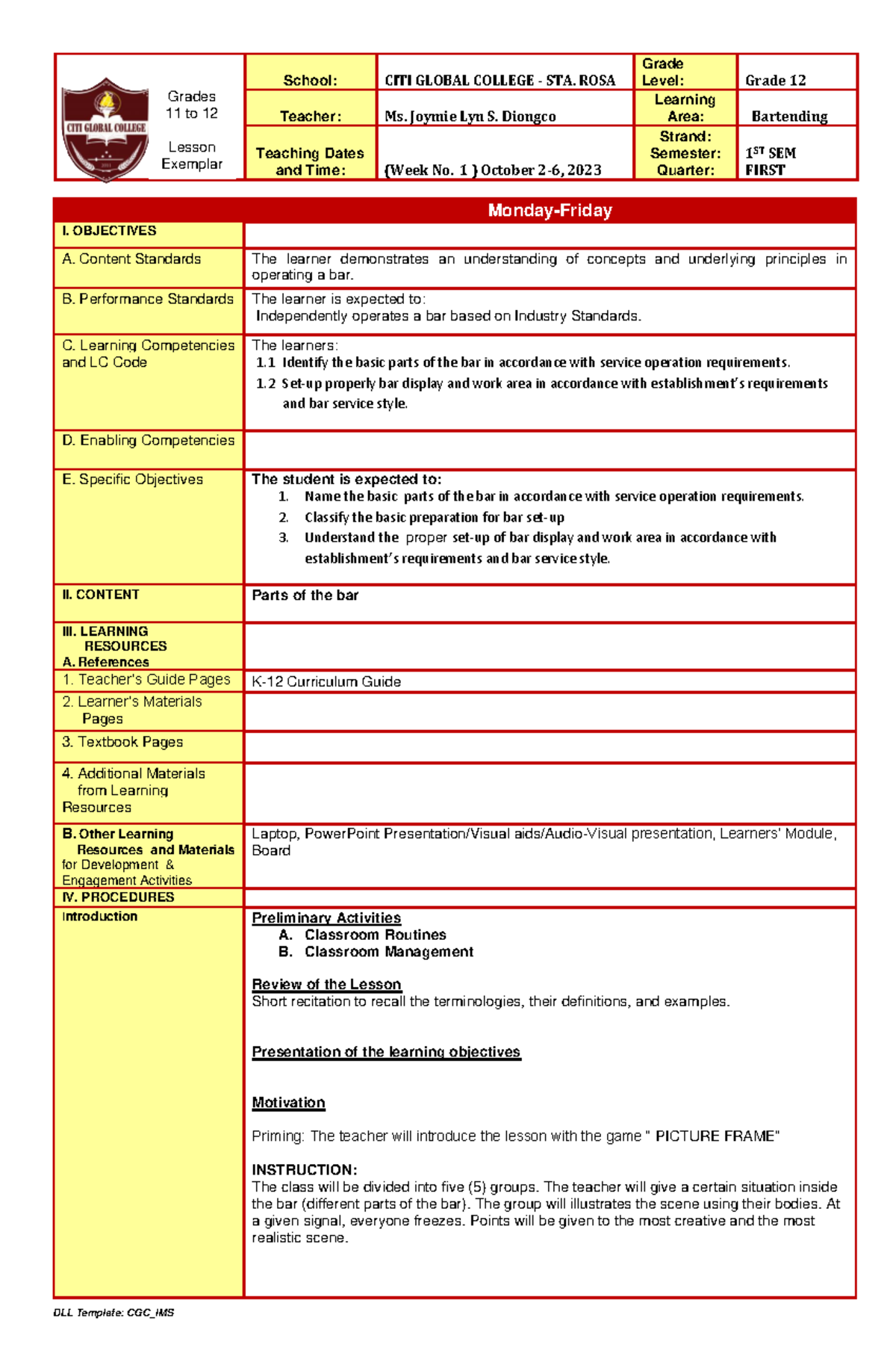 LE. Bartending.WEEK 1 - LESSON PLAN - DLL Template: CGC_IMS School ...