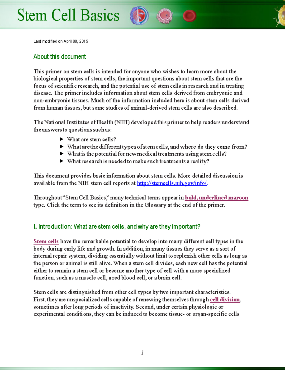 Stem cells notes - Tissue Culture - Stem Cell Basics Last modified on ...