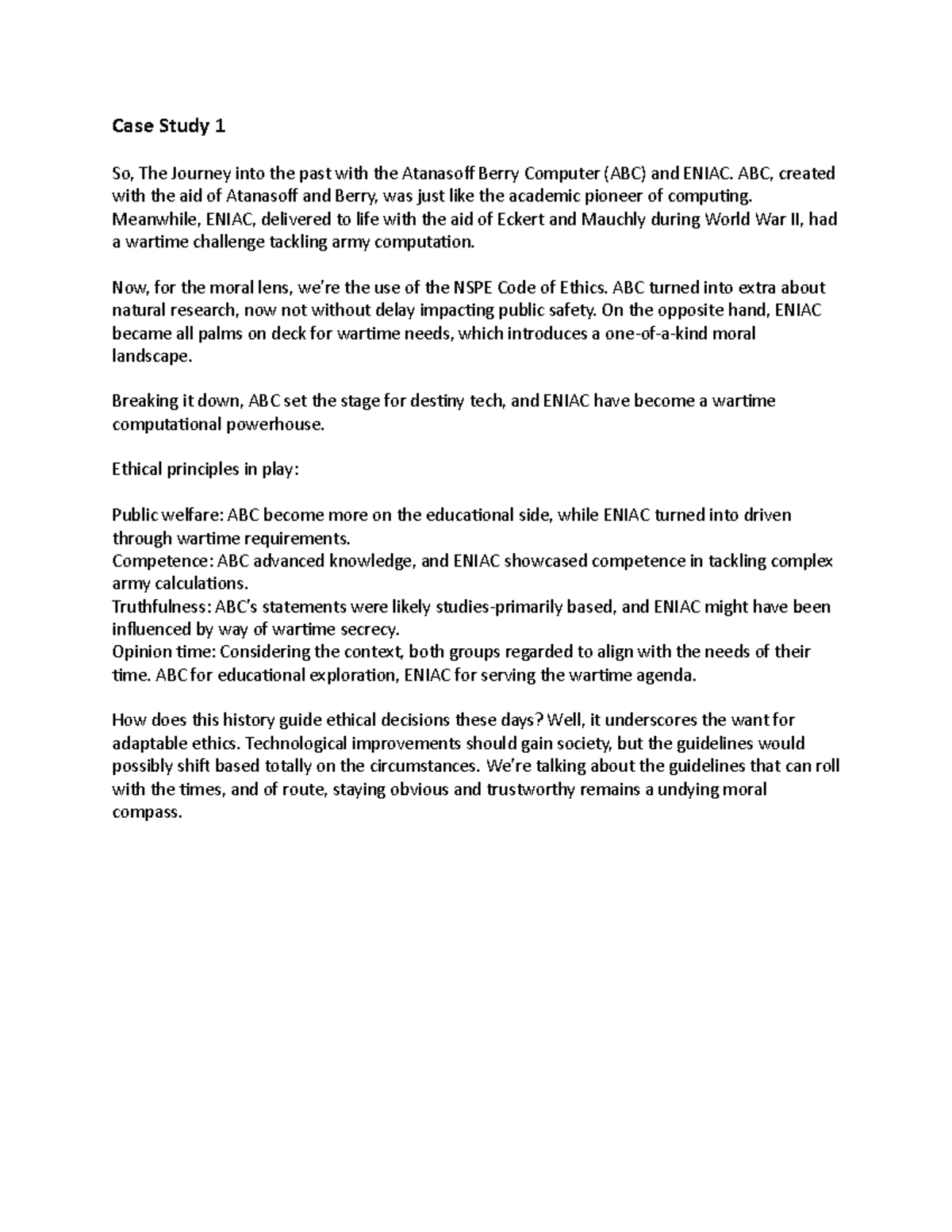 Case Study - ABC, created with the aid of Atanasoff and Berry, was just ...