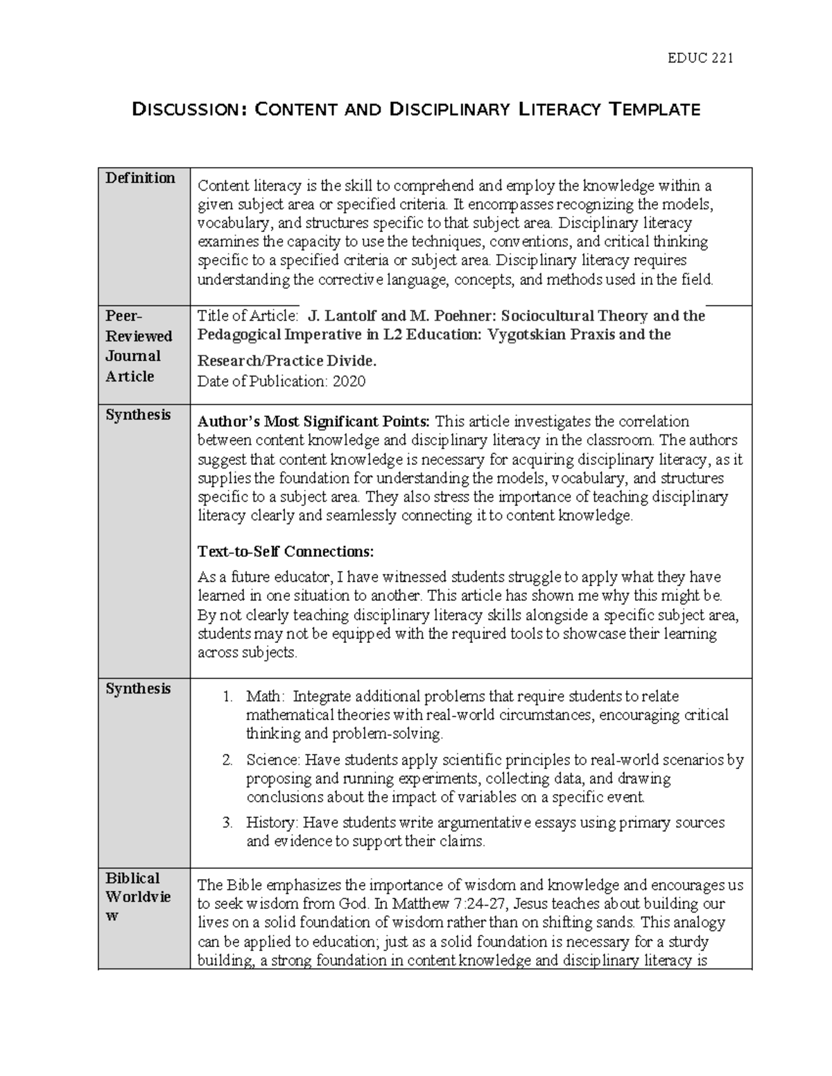 Discussion Content and Disciplinary Literacy Template - EDUC 221 ...