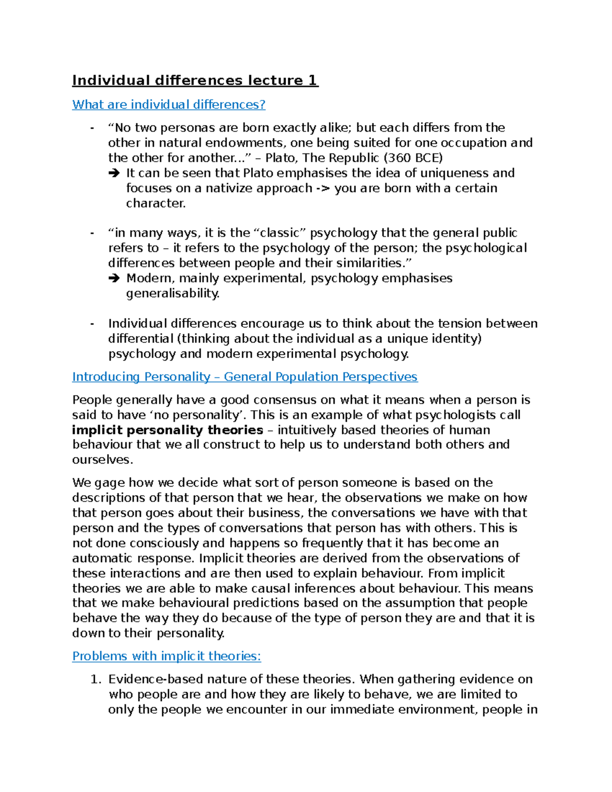 Lecture 1 - Individual differences lecture 1 What are individual differences? “No two personas ...