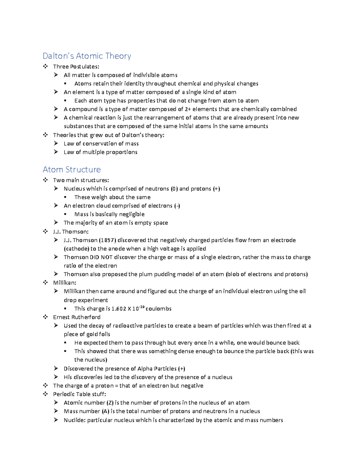 Chapter 2 Lecture and Textbook Notes - Dalton’s Atomic Theory Three ...