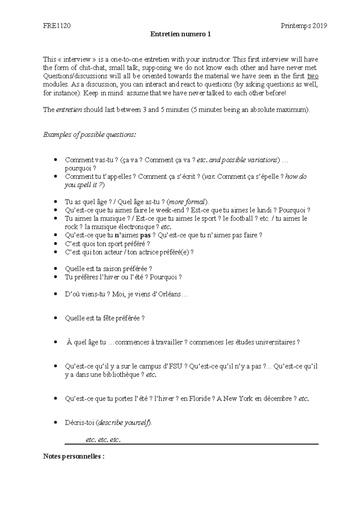 Entretien 1 Sujets - French Interview Instructions - FRE1120 Printemps ...