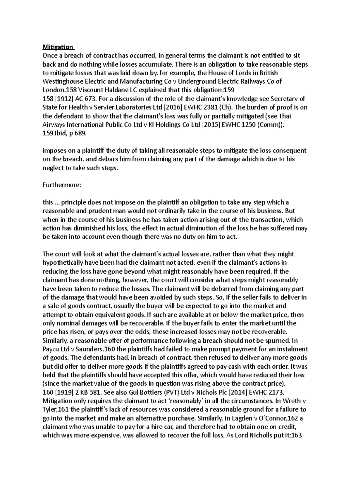Mitigation - Lecture notes 4 - Mitigation Once a breach of contract has ...