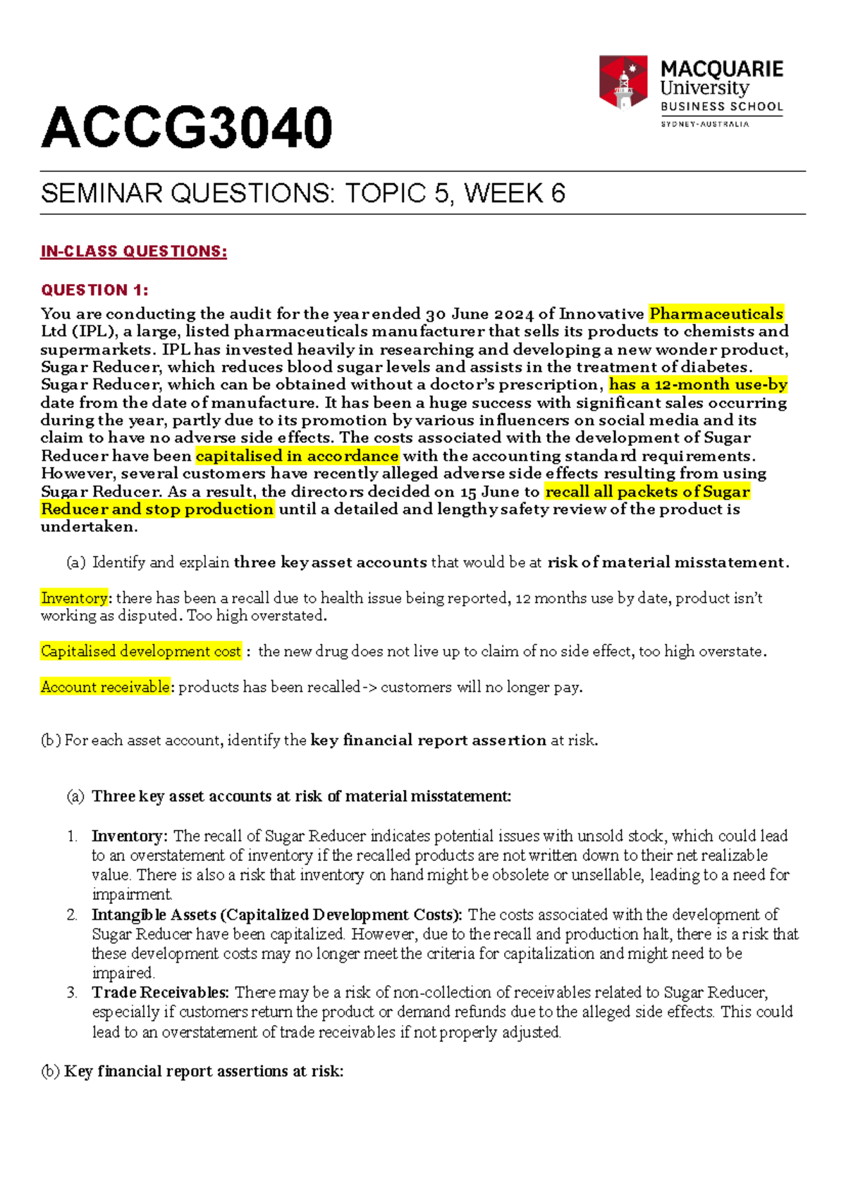 Tutorial Questions W6 3040 - ACCG SEMINAR QUESTIONS: TOPIC 5, WEEK 6 IN-CLASS QUESTIONS ...