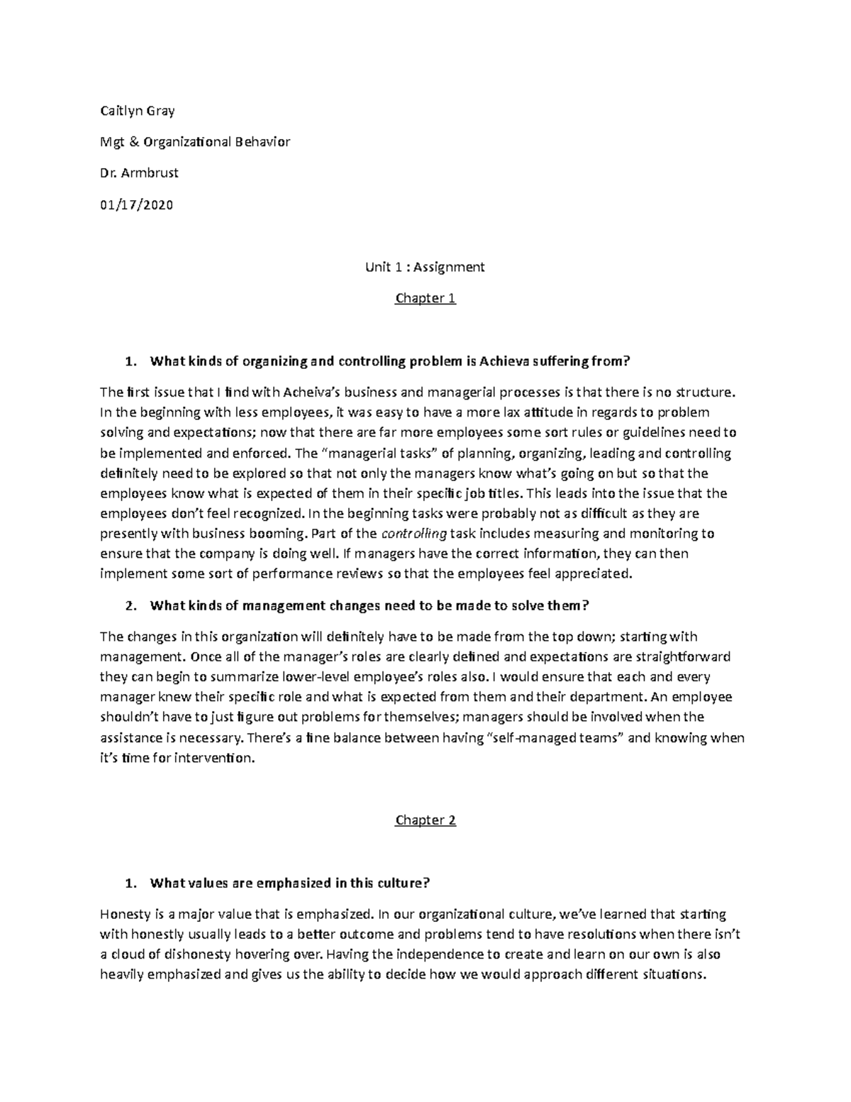 Organizational Behavior: Issues and Changes in Achieva - Studocu