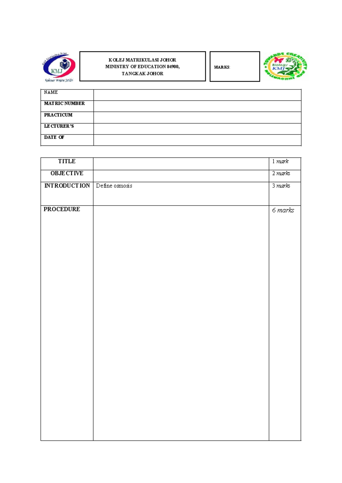 EXP 3 LAB Report Student - NAME MATRIC NUMBER PRACTICUM LECTURER’S DATE OF TITLE 1 mark ...