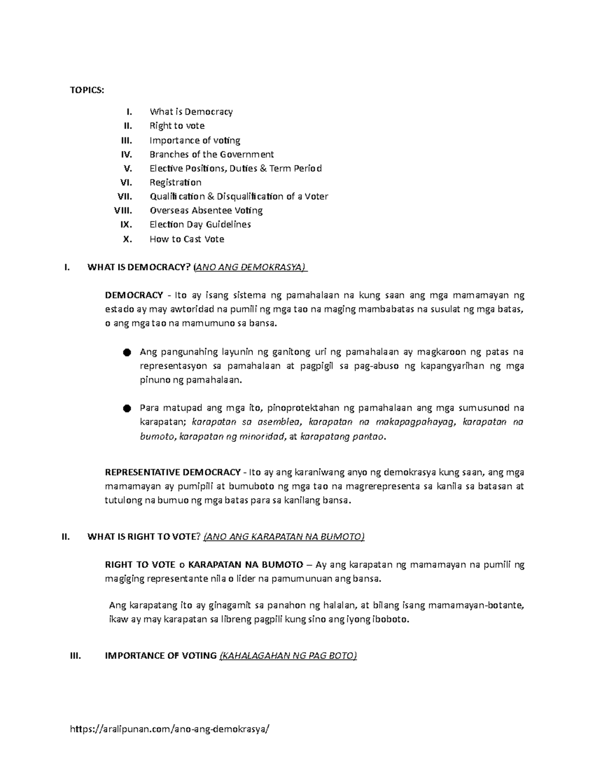 Module (Election Law) - TOPICS: I. What is Democracy II. Right to vote ...