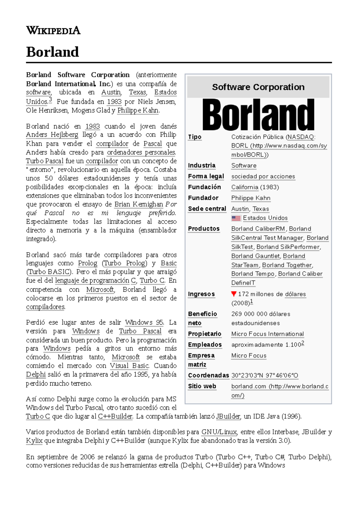 Borland - excelente - Software Corporation Tipo Cotización Pública (NASDAQ: BORL (nasdaq/sy ...
