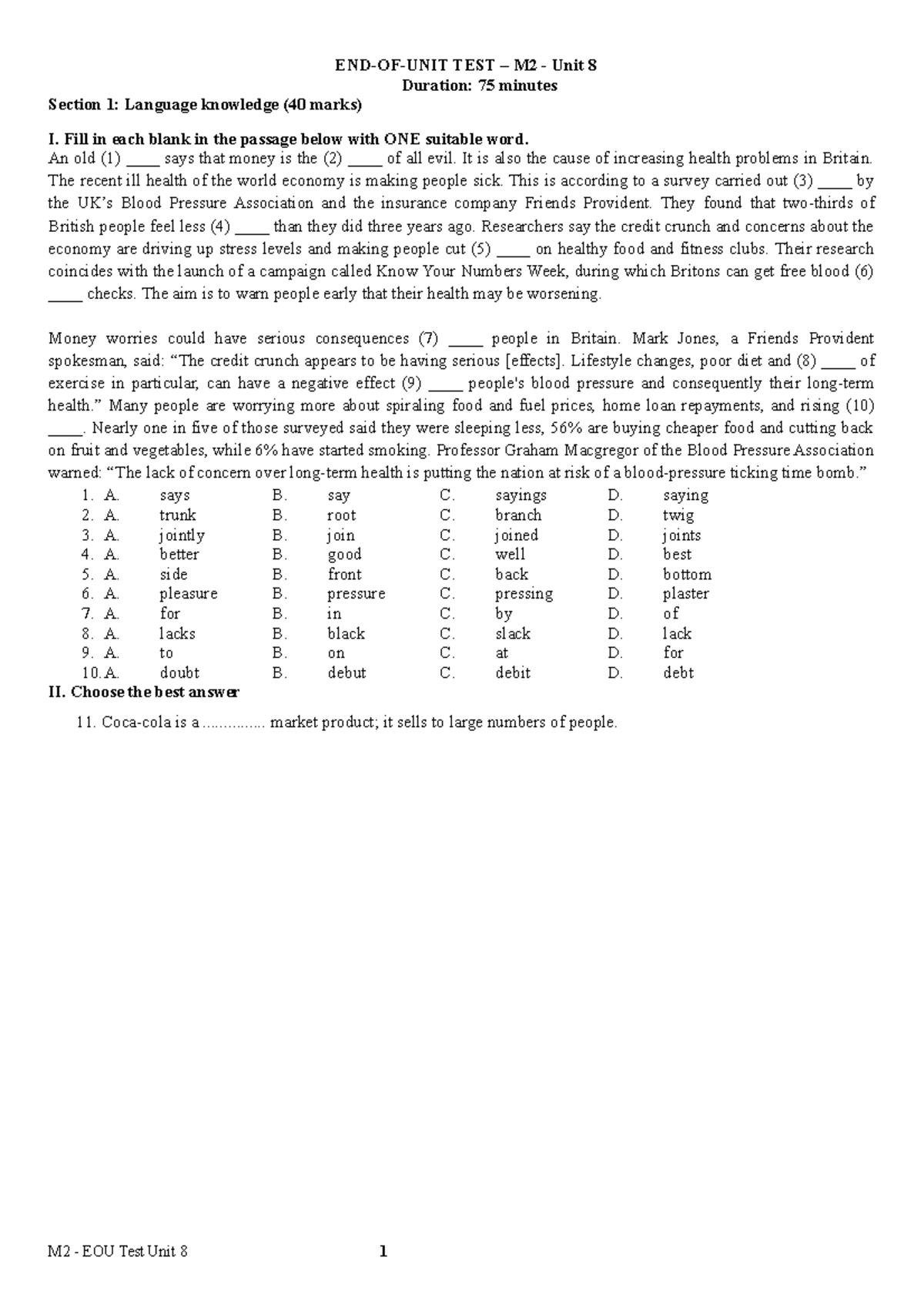 HP2.EOU TEST U8 Pre Inter - END-OF-UNIT TEST – M2 - Unit 8 Duration: 75 ...