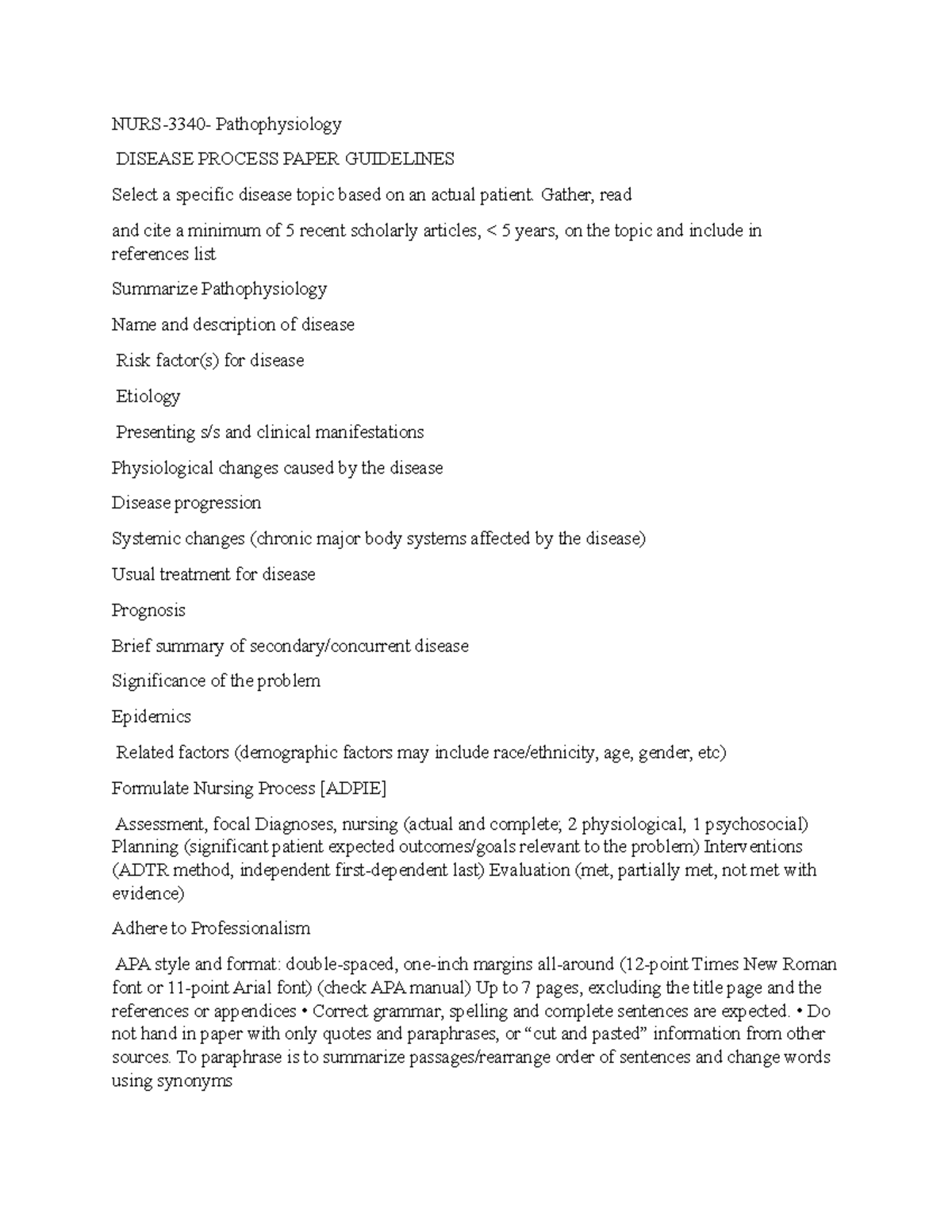 Pathophysiology Disease Paper Assignment Instructions - NURS-3340 ...