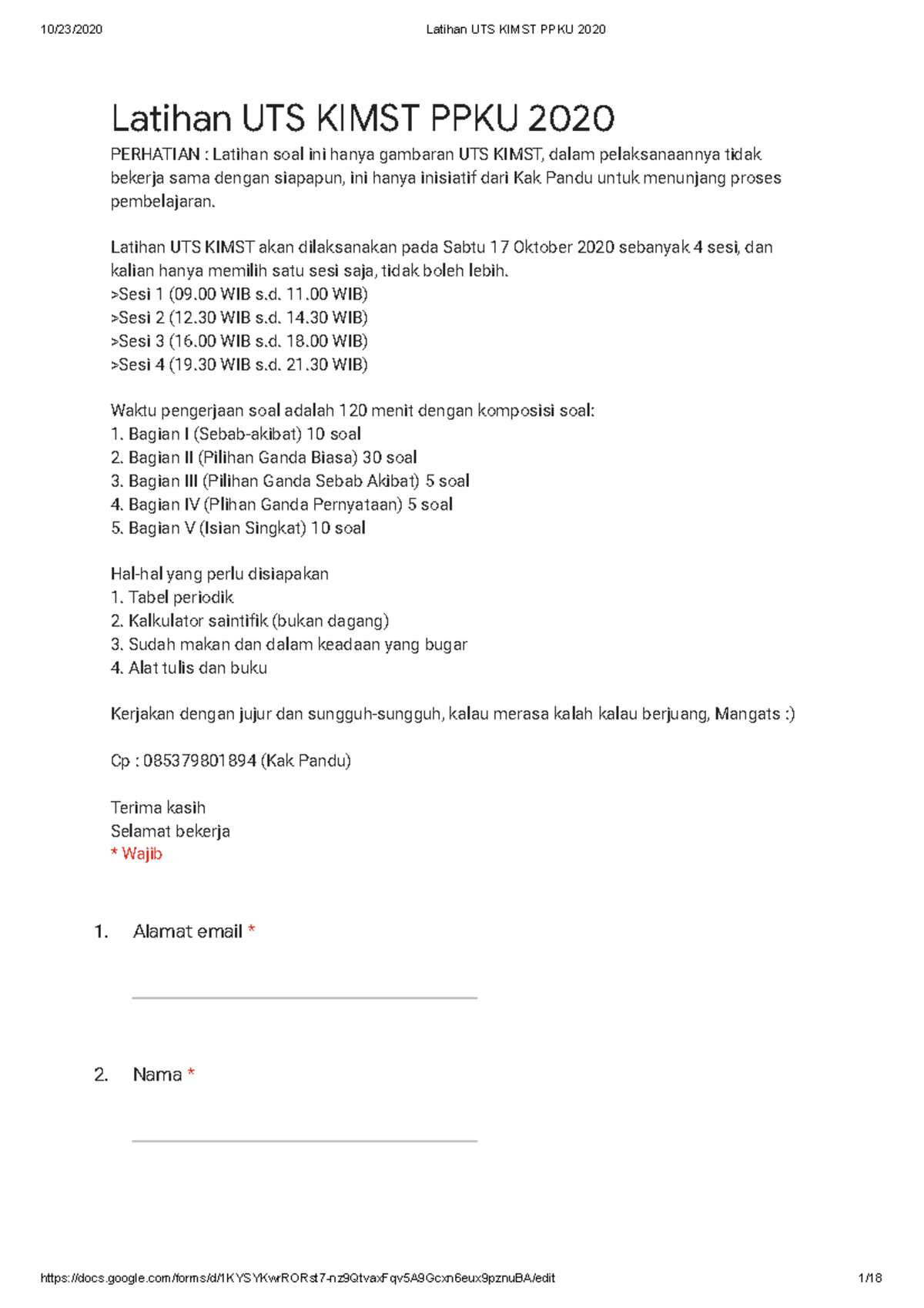 Latihan SOAL Kimia Dasar - 1. Alamat email * 2. Latihan UTS KIMST PPKU 2020 PERHATIAN : Latihan ...