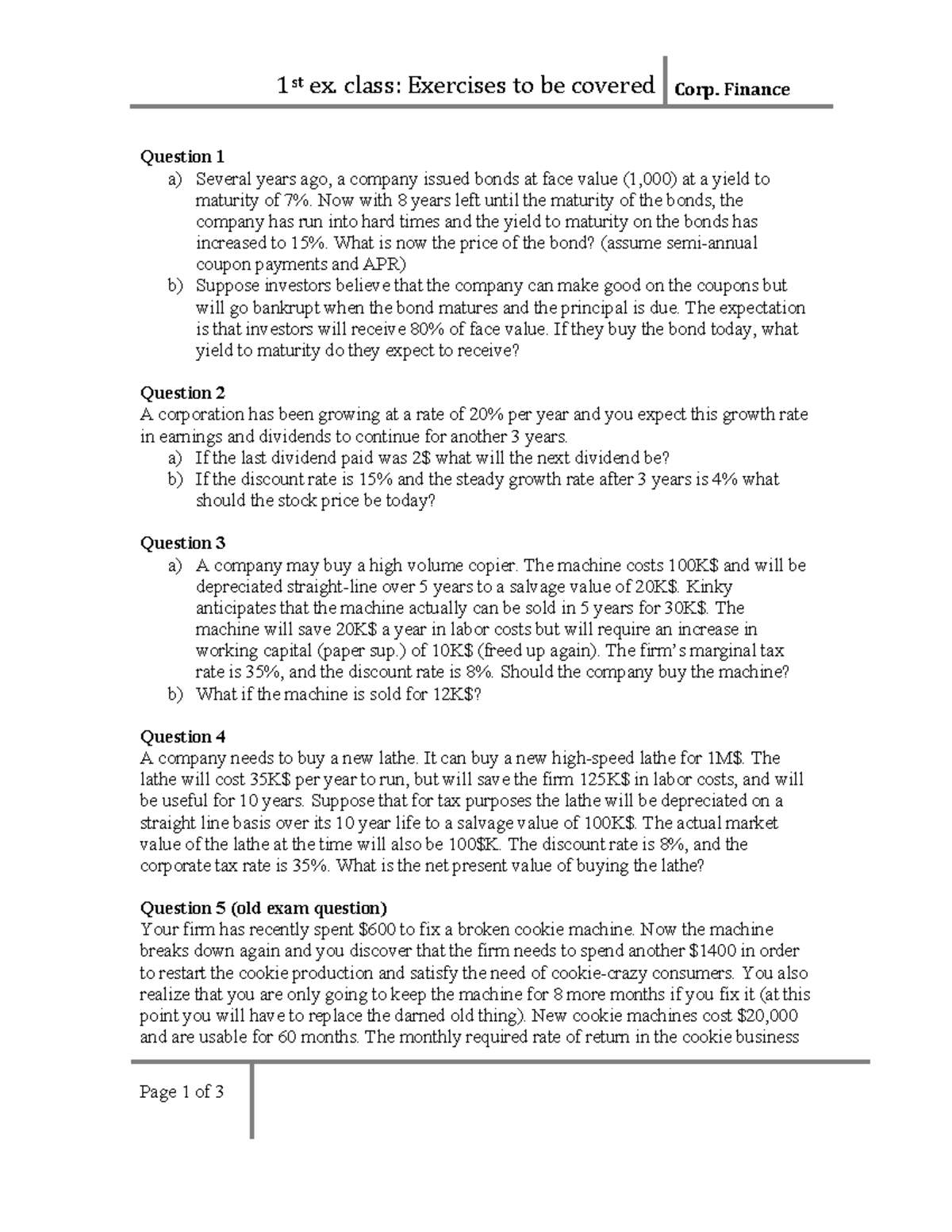 1st - Exercise Class - 1 st ex. class: Exercises to be covered Corp ...