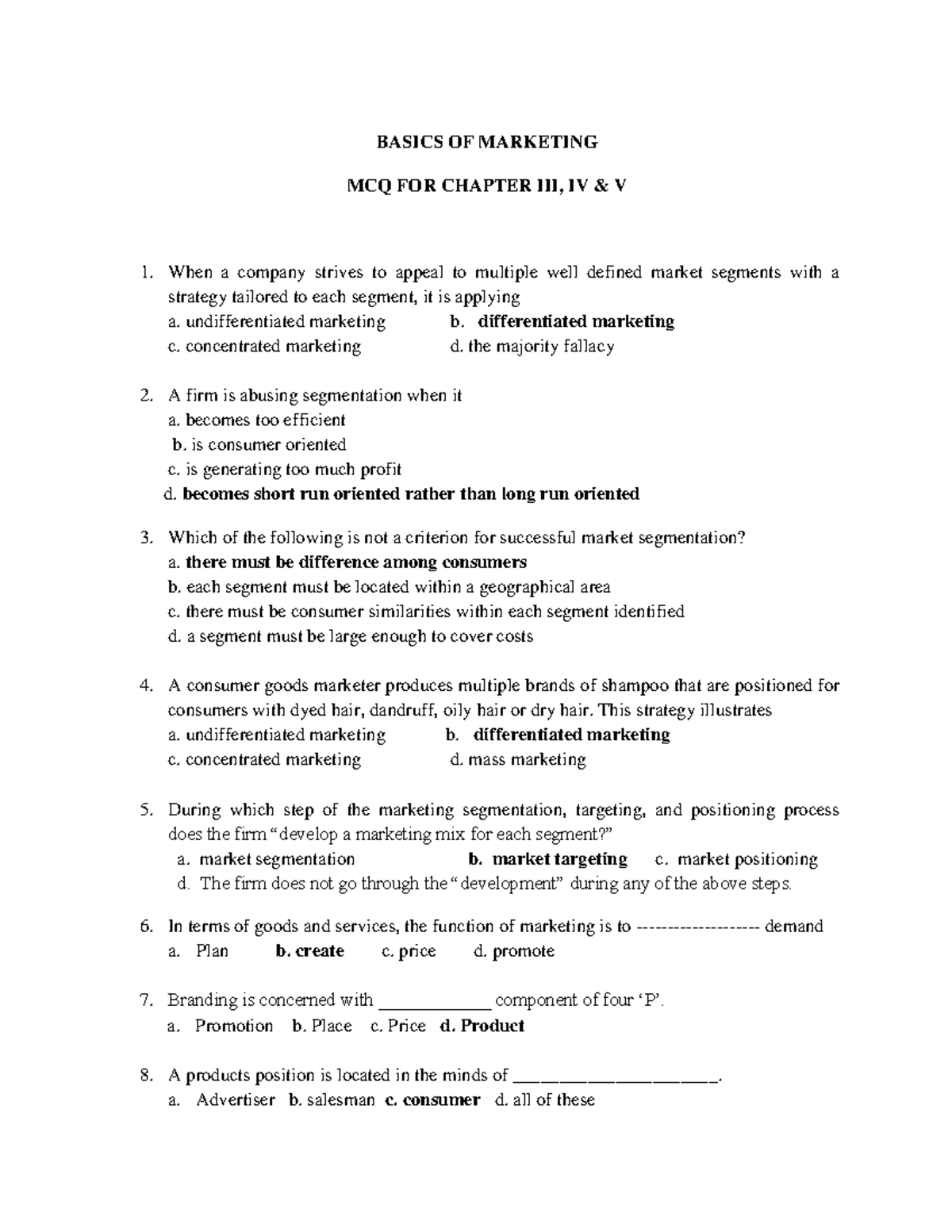 MCQ-BOM-106 - MCQs of Basics of Marketing. Answers are given along with ...