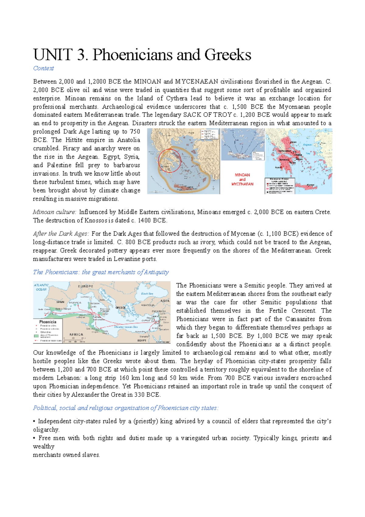 UNIT 3 - topics in class - UNIT 3. Phoenicians and Greeks Context ...