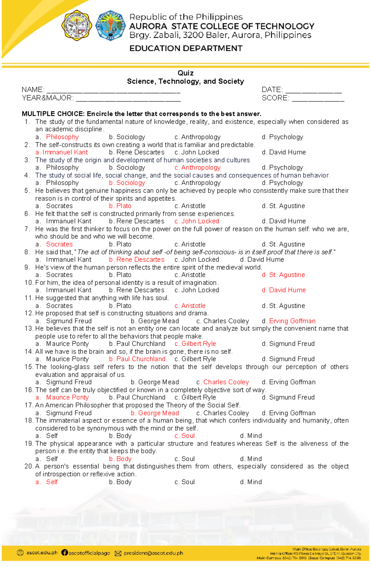 UTS Prelim answer key - Quiz Science, Technology, and Society NAME ...