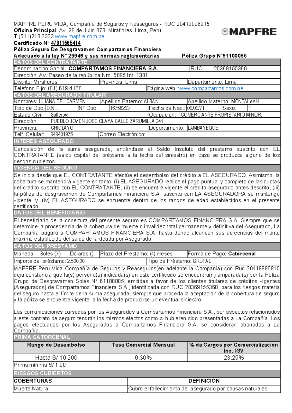 KIT Seguros - Grupo Señor DE LOS Milagros S - MAPFRE PERU VIDA, Compañía de Seguros y Reaseguros ...