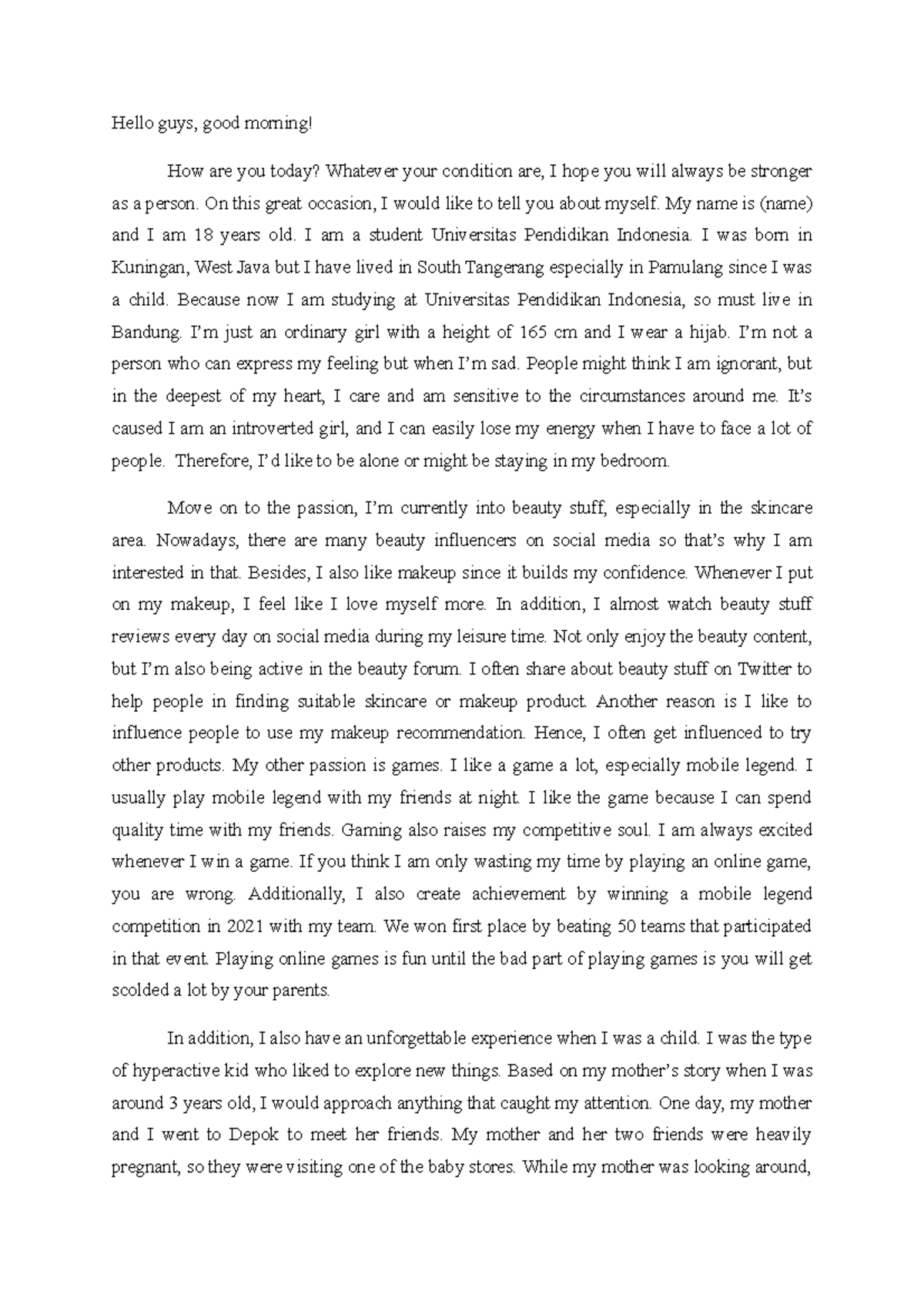 Talk about myself - self practice - Hello guys, good morning! How are ...