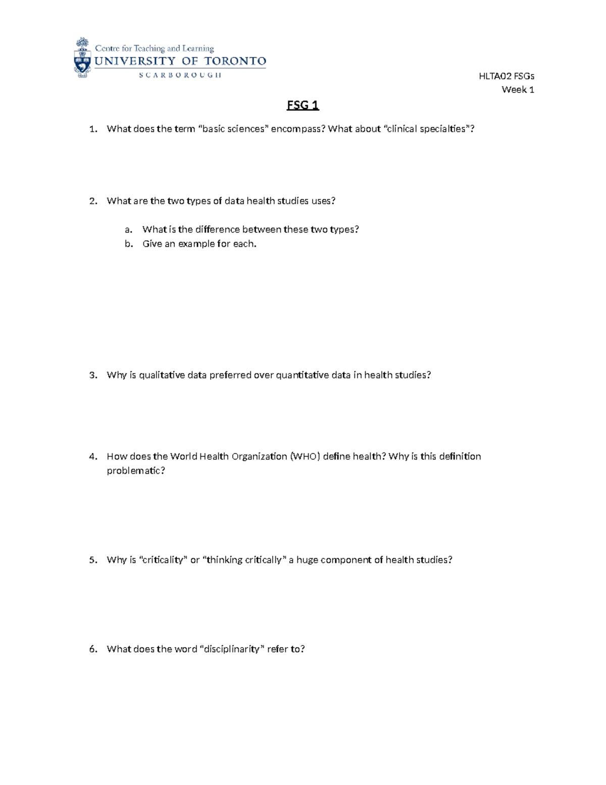 FSG 1 - HLTA02 FSGs Week 1 FSG 1 1. What does the term “basic sciences ...
