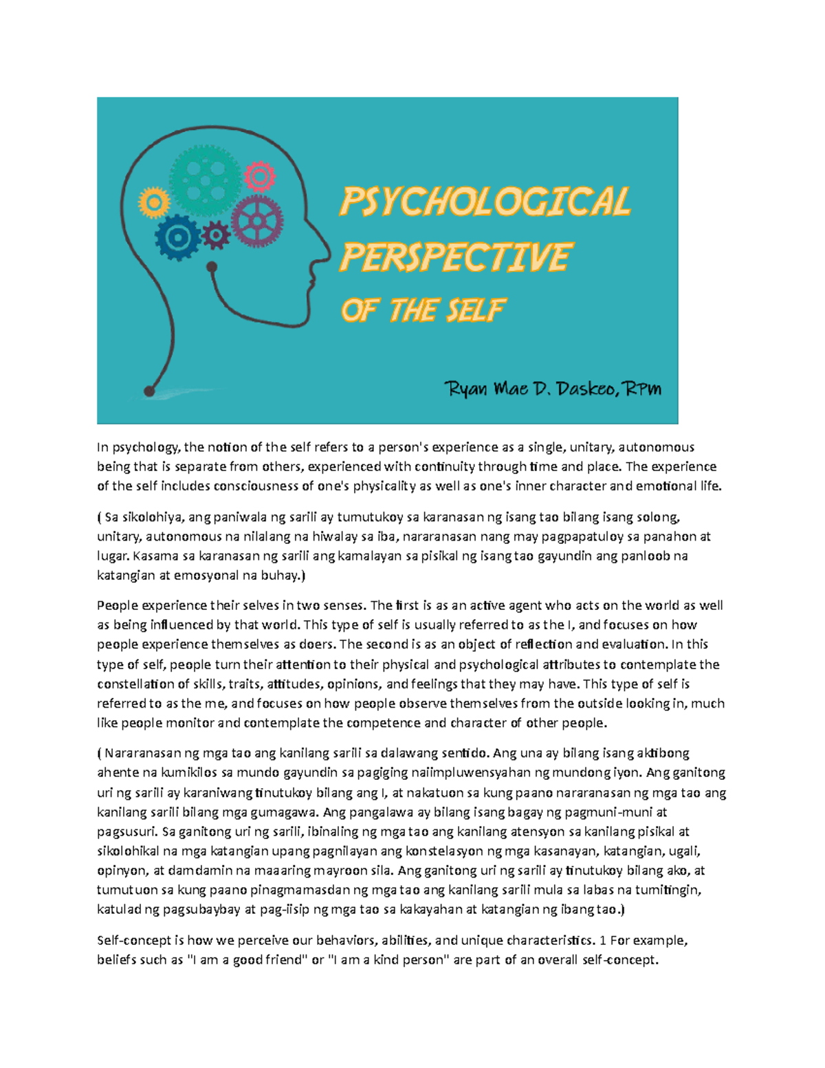 In psychology - lesson plan - In psychology, the notion of the self ...