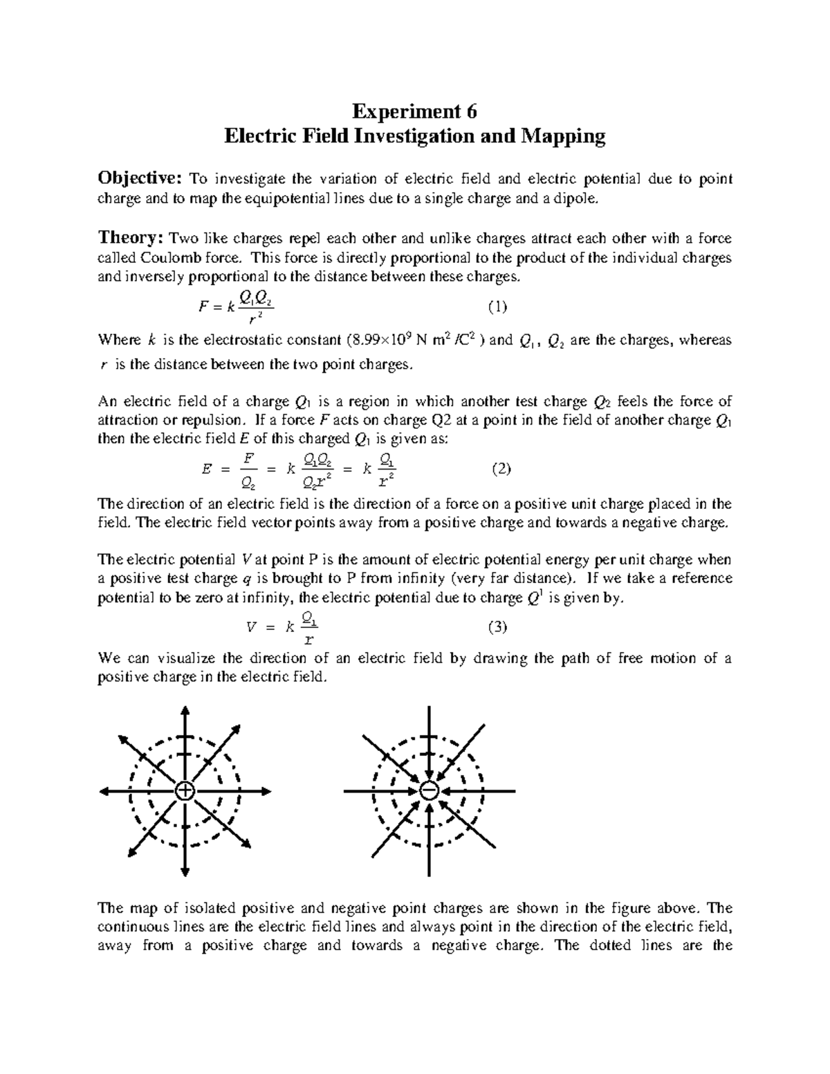 203 Phys102 Lab Write Up E Field Mapping Experiment 6 Electric Field Investigation And Mapping