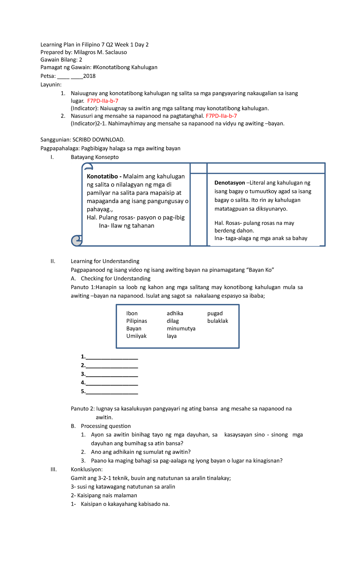 Learning Plan in Filipino 7 Q2 Week 1 Da - Saclauso Gawain Bilang: 2 ...