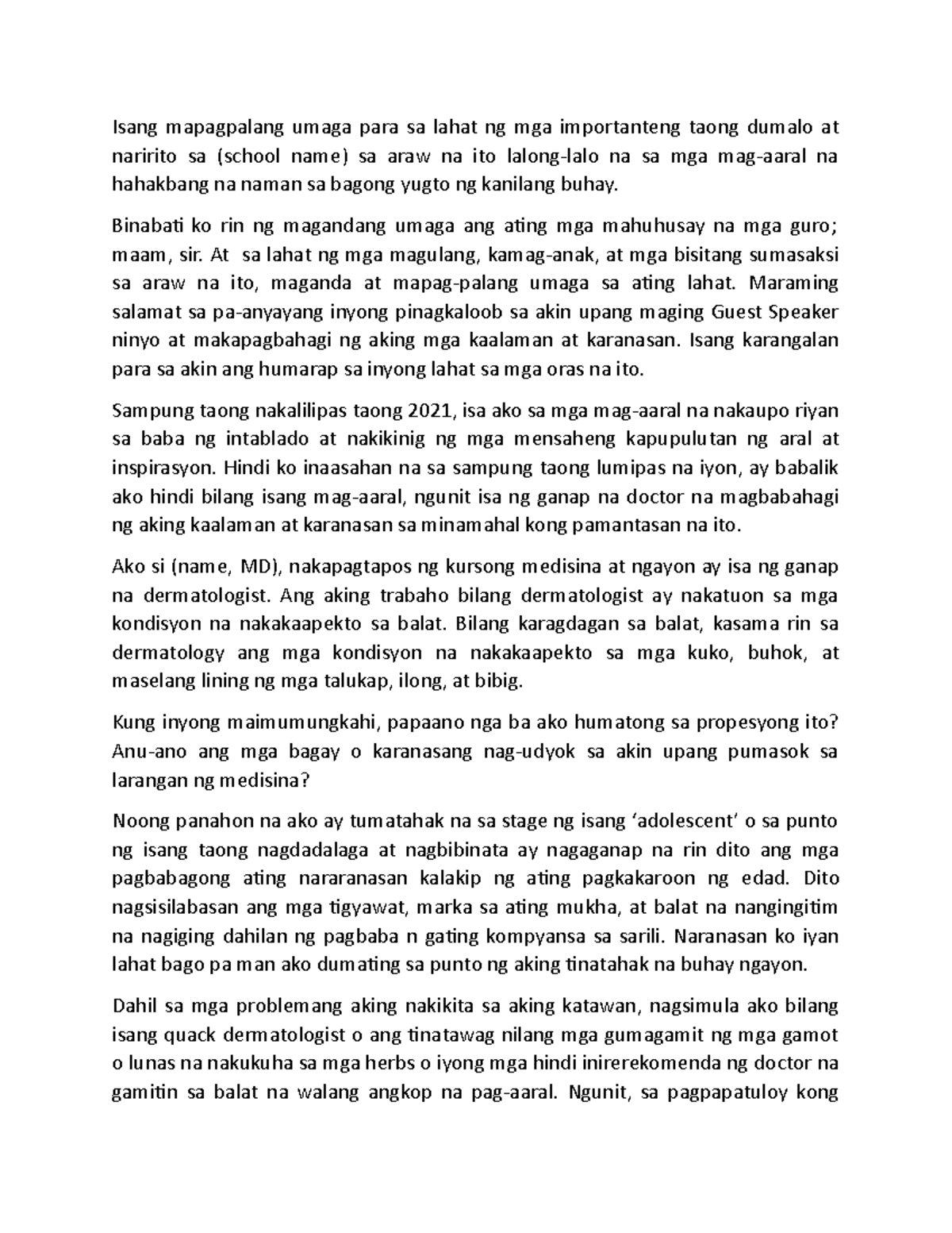 Talumpati - Isang mapagpalang umaga para sa lahat ng mga importanteng ...