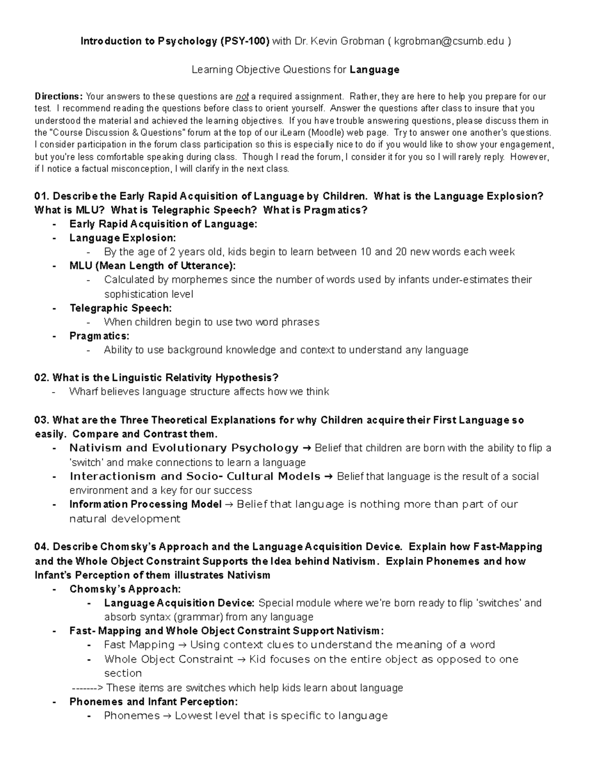 15 Language - Lecture notes 15 - Introduction to Psychology (PSY-100 ...