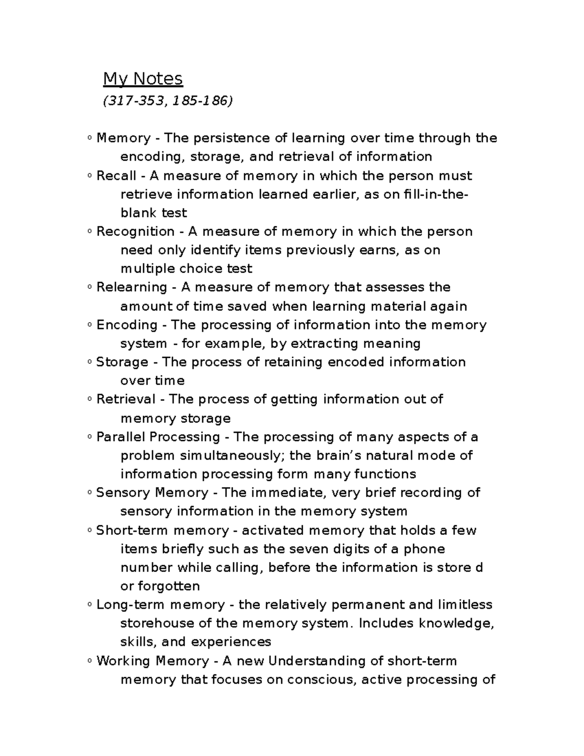 Memory Lecture Notes 1 My Notes 317 353 185 186 Memory The Persistence Of Learning Over