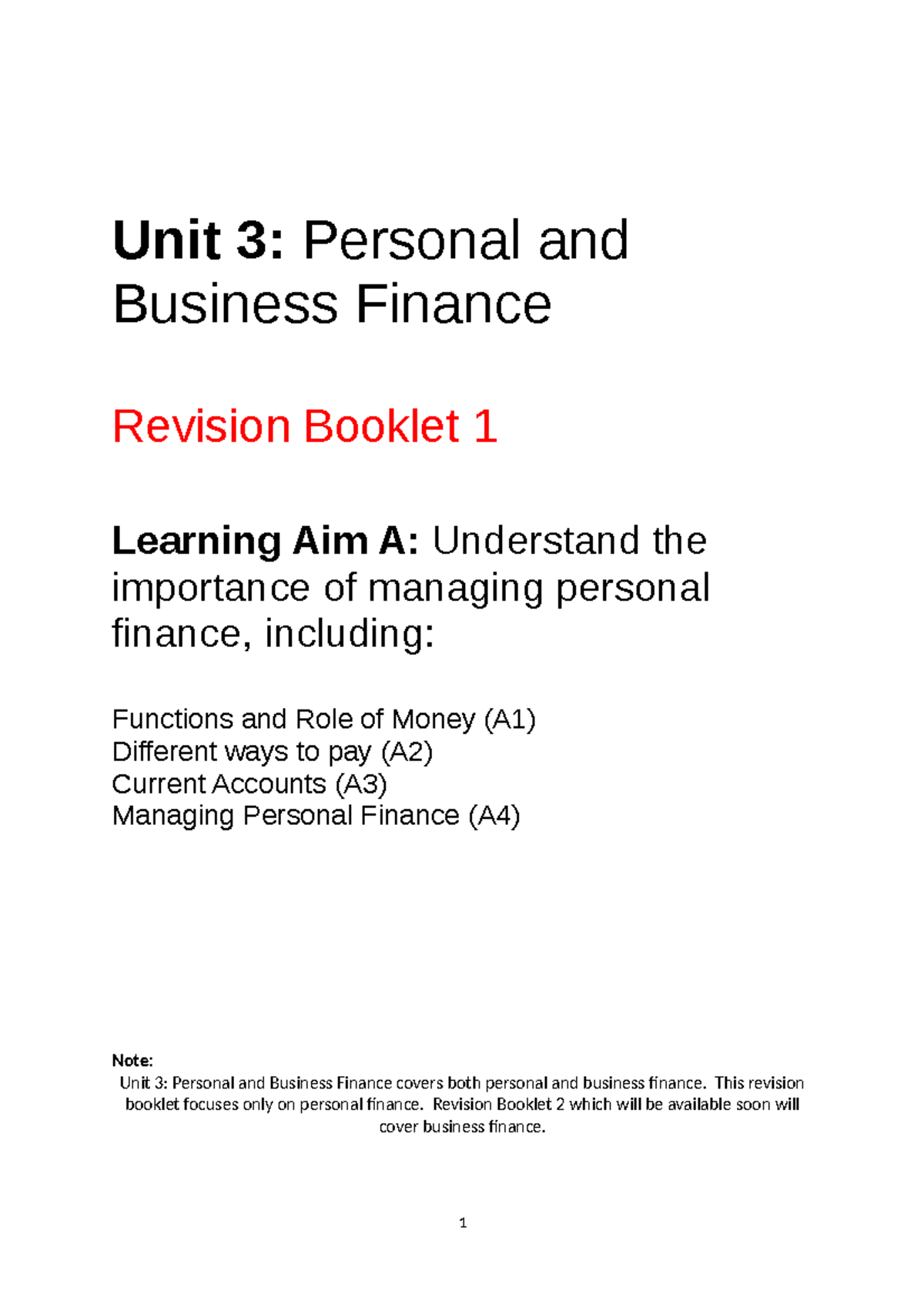 Unit 3 A Revision - unit 3 - Unit 3: Personal and Business Finance ...