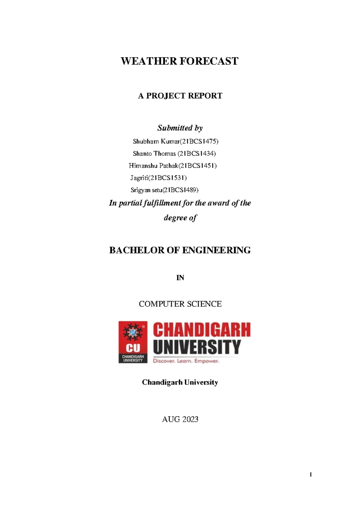 AP Project report 609 - WEATHER FORECAST A PROJECT REPORT Submitted by ...