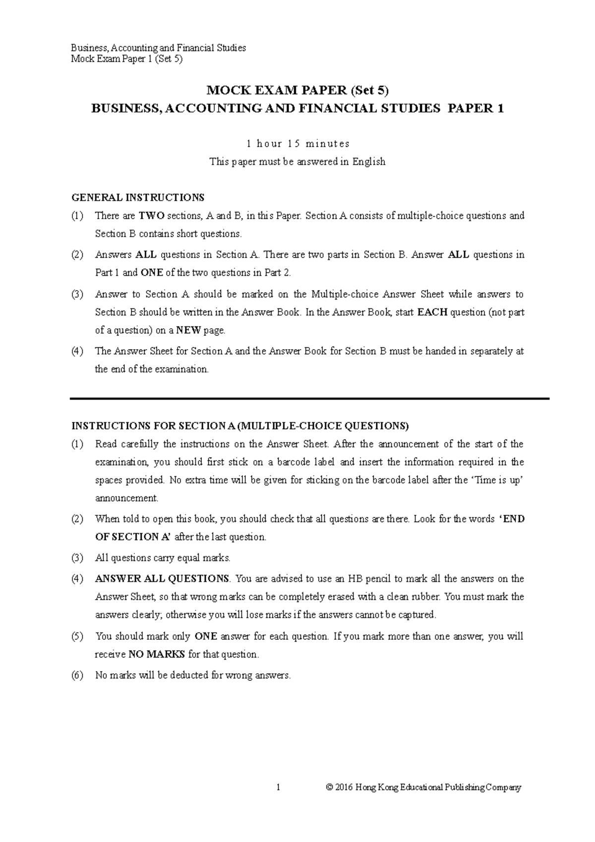 BAFS Mock paper 1 set 5 eng - Mock Exam Paper 1 (Set 5) MOCK EXAM PAPER ...