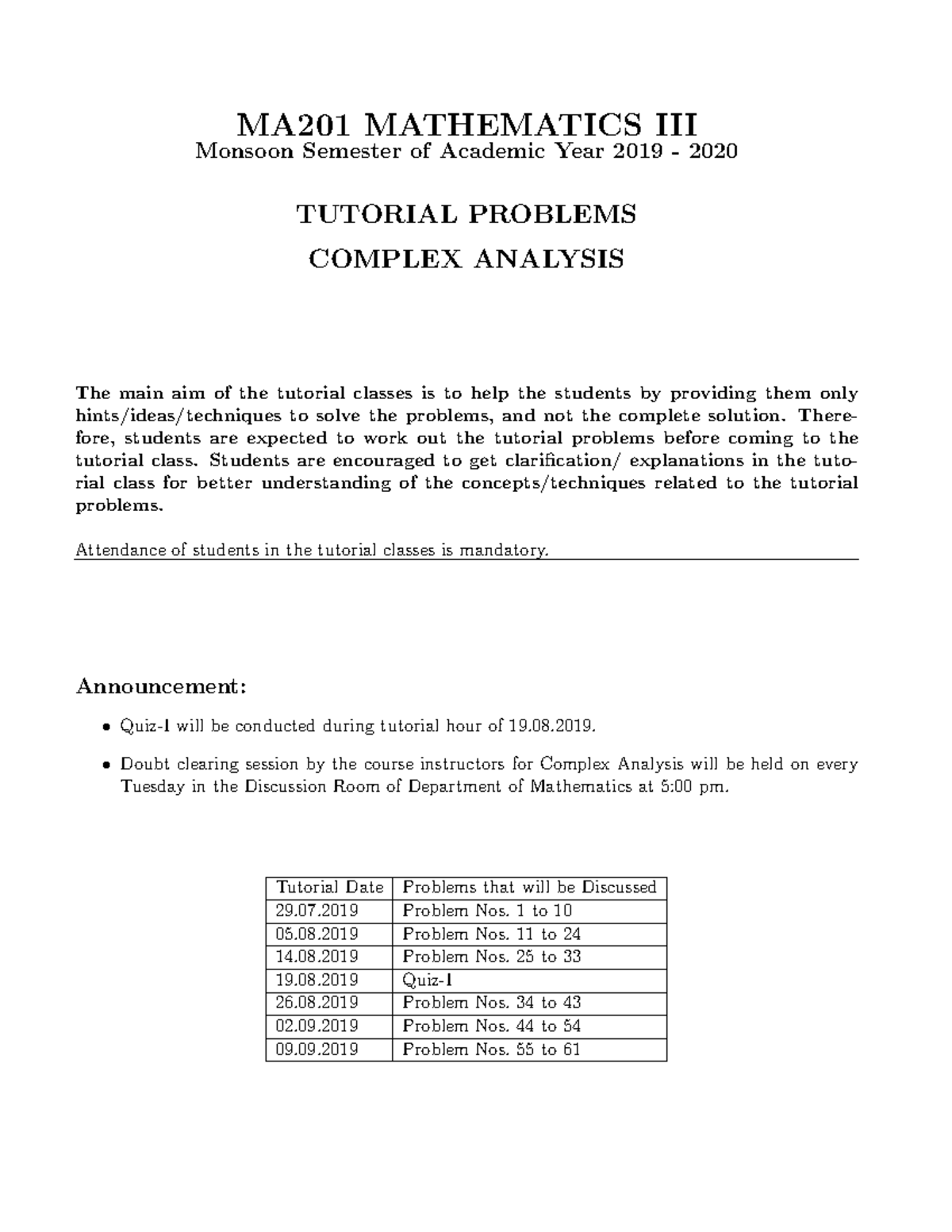 CA Tutorialproblems 2019 - MA201 MATHEMATICS Monsoon Semester of Academic Year 2019 2020 ...