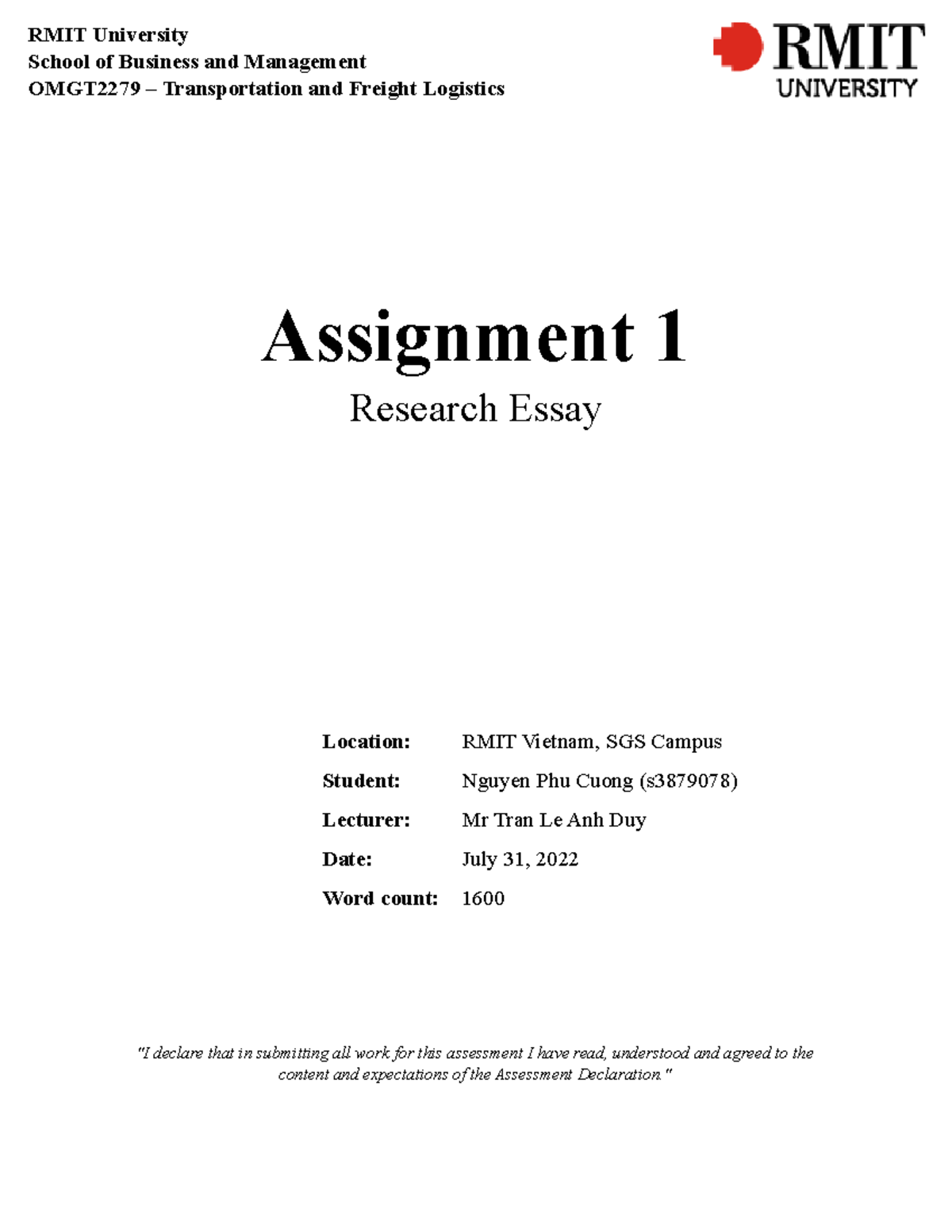 Essay-Nguyen Phu Cuong-S3879078 - RMIT University School of Business ...